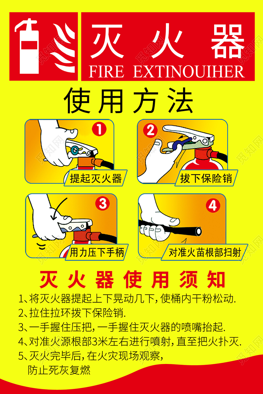 红黄简约风几何灭火器使用方法海报图片下载 觅知网
